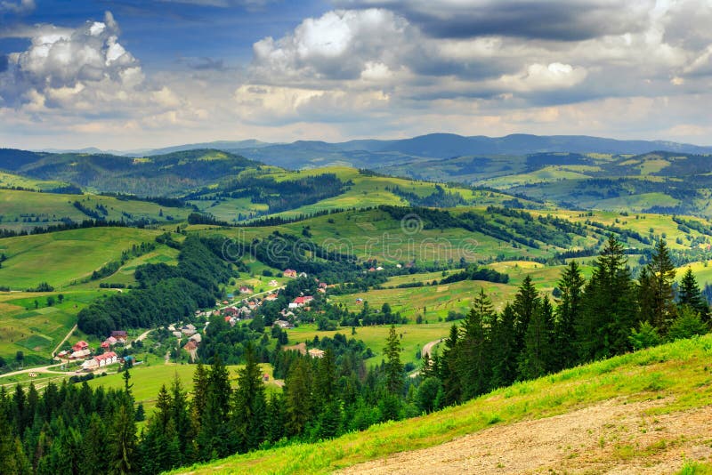 Panoramic View on Village in a Hilly Valley Stock Image - Image of ...