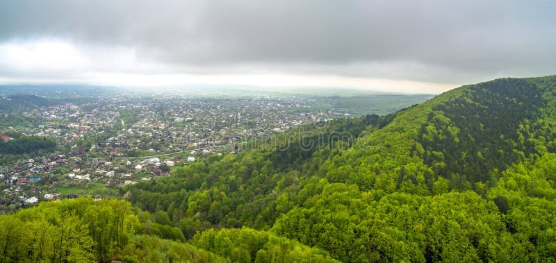 Panoramic View of Village in Spring Mountain Forest. Kosiv, Ukraine ...