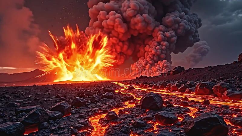 A Panoramic View of a Volcanic Eruption, Glowing Lava and Ash ...