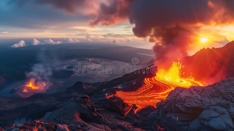 Panoramic View of a Volcanic Eruption with Lava Flows at Sunset. Stock ...