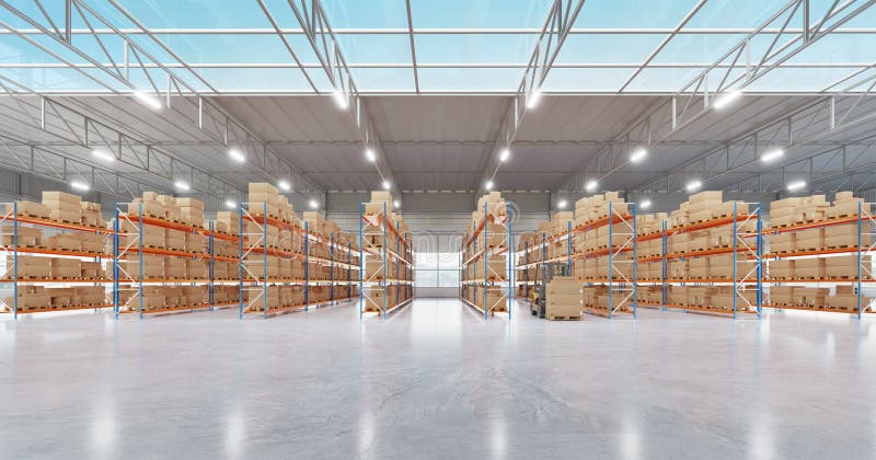 Panoramic View of Warehouse with High Shelves and Goods Stock ...