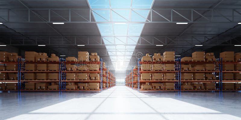 Panoramic View of Warehouse with High Shelves and Goods Stock ...