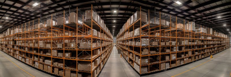 Panoramic View of a Warehouse with Rows of Shelves and Boxes Stock ...