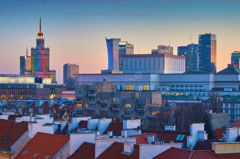Panoramic View of Warsaw at Sunset Editorial Stock Photo - Image of ...
