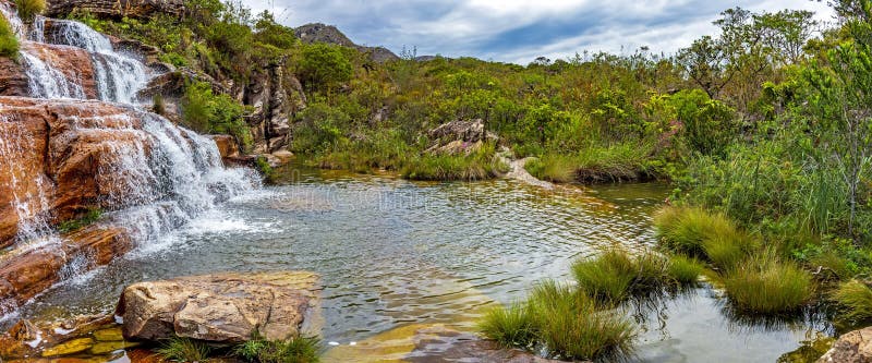 Panoramic View of Waterfall and Lake among the Vegetation Stock Photo ...