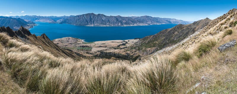 Panoramic View from the Way To Isthmus Peak in Lake Hawea Stock Image ...