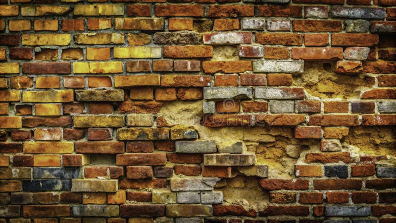 Panoramic View of a Weathered Brick Wall with Missing Bricks a ...