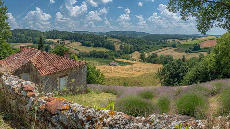 Panoramic View of White Historic Houses and Lavender Fields in Provence ...