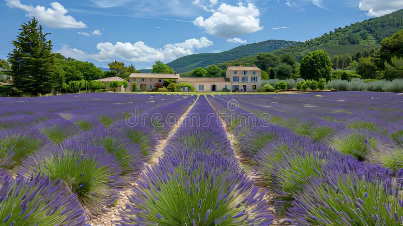 Panoramic View White Historic Houses and Lavender Fields in Provence ...