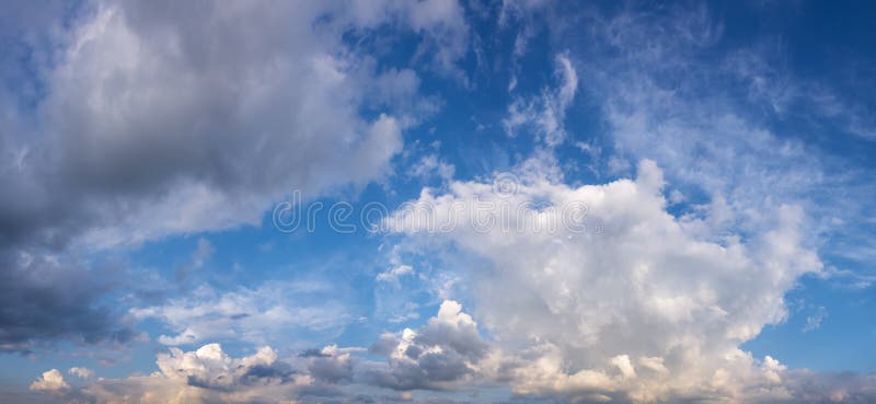 Panoramic View of White Rain Clouds on a Blue Sky. Stock Image - Image ...