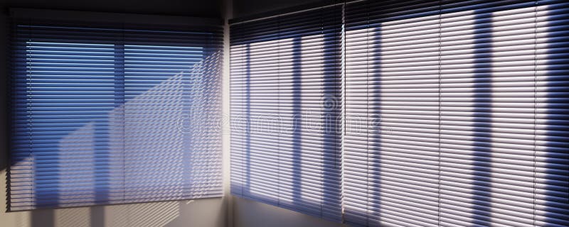 Panoramic View of White Venetian Blinds with Sunlight and Shadow Stock ...
