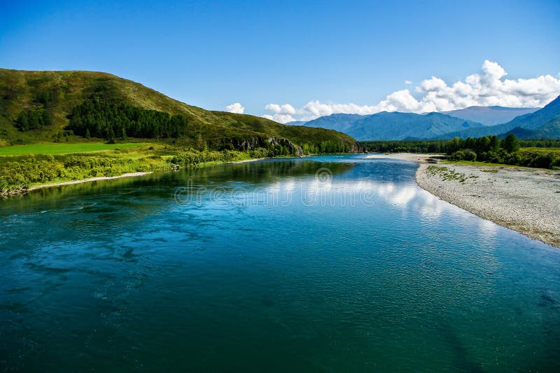 Panoramic View of the Wide Blue Mountain River Stock Photo - Image of ...