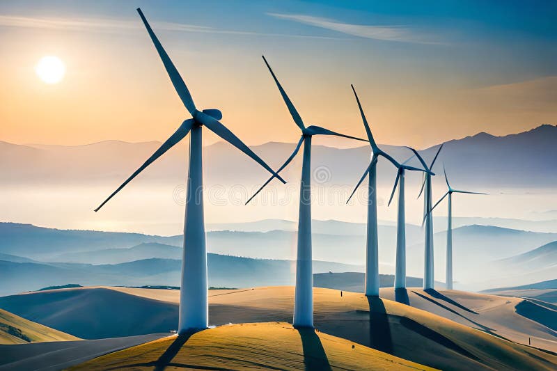 Panoramic View of Wind Farm with High Wind Turbines Stock Photo - Image ...
