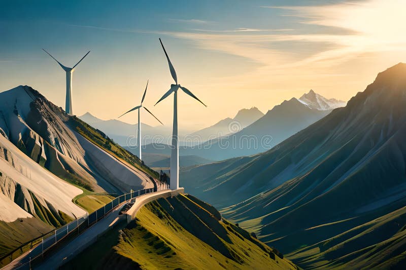 Panoramic View of Wind Farm with High Wind Turbines Stock Photo - Image ...