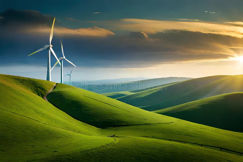 Panoramic View of Wind Farm with High Wind Turbines Stock Image - Image ...