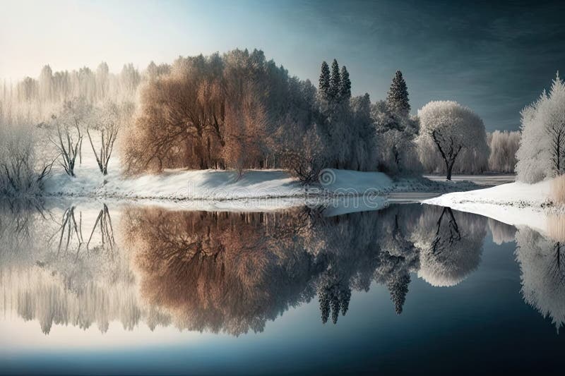 Panoramic View of Winter Landscape with Frozen River and Trees ...