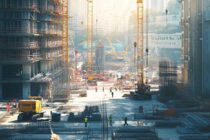 Panoramic View of Workers and Cranes at Large Construction Site in the ...