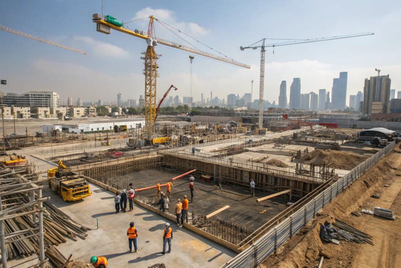 Panoramic View of Workers on Large Construction Site Stock Illustration ...