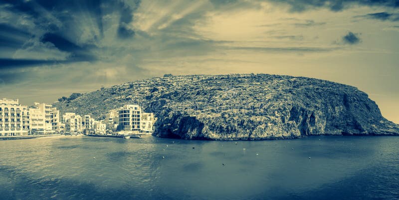 Panoramic View of Xlendi Coastline at Sunset in Gozo Stock Image ...