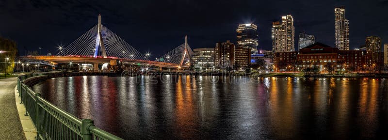 Panoramic View of the Zakim Cable-stayed Bridge at Night in Boston ...