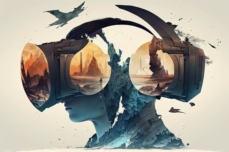 VR Headset, Double Exposure, Metaverse, Futuristic Virtual World, State ...