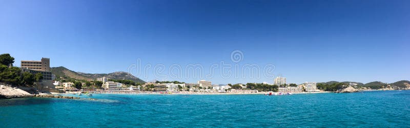 Panoramic Wide View of Vacation Spot from Ocean Stock Image - Image of ...