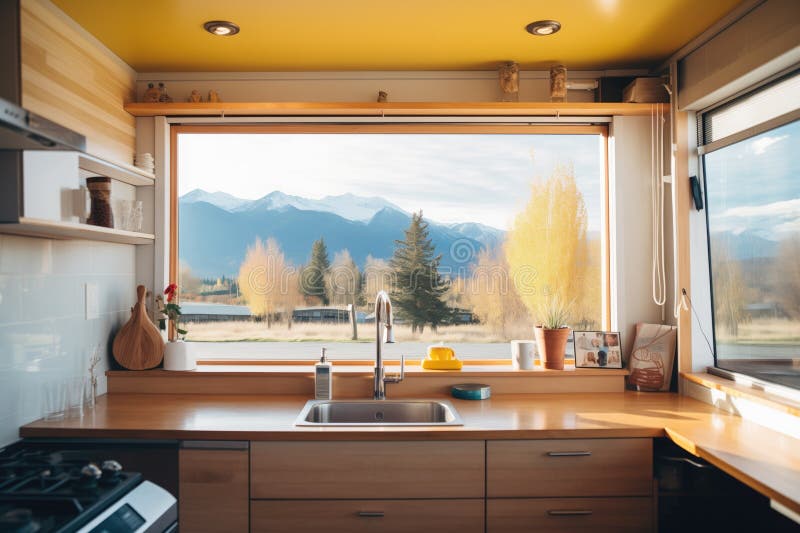 Panoramic Window in a Tiny House Overlooking Mountains Stock Photo ...