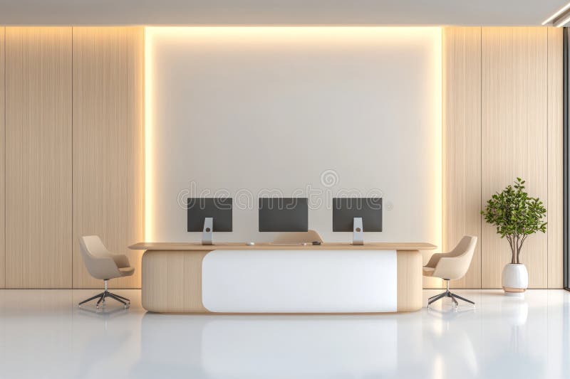 Panoramic Window View of Modern Office Workplace with Row of Desktop ...