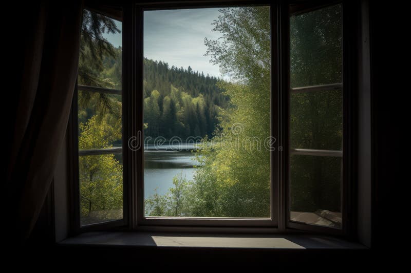 Panoramic Window View of Tranquil Forest Lake Stock Image - Image of ...