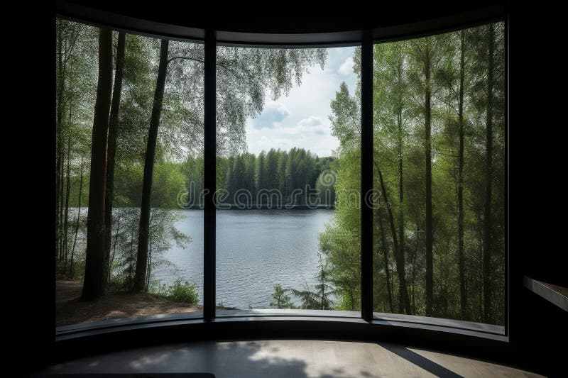 Panoramic Window View of Tranquil Forest Lake Stock Photo - Image of ...