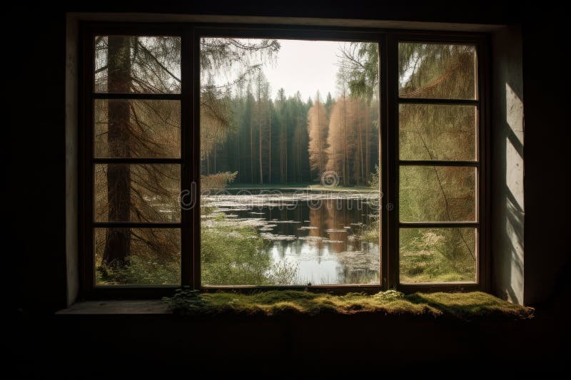 Panoramic Window View of Tranquil Forest Lake Stock Photo - Image of ...