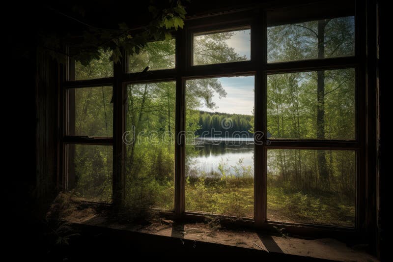 Panoramic Window View of Tranquil Forest Lake Stock Image - Image of ...