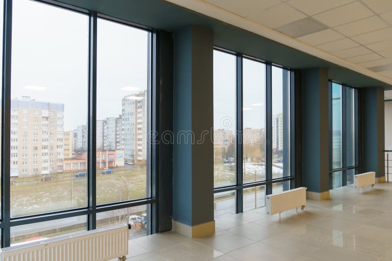Panoramic Windows in an Empty Spacious Room Stock Photo - Image of ...