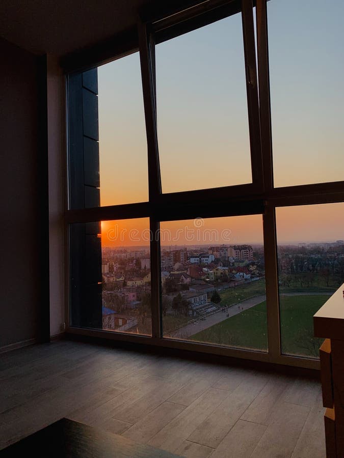Panoramic Windows Overlooking Beautiful Golden Sunset. View from Home ...