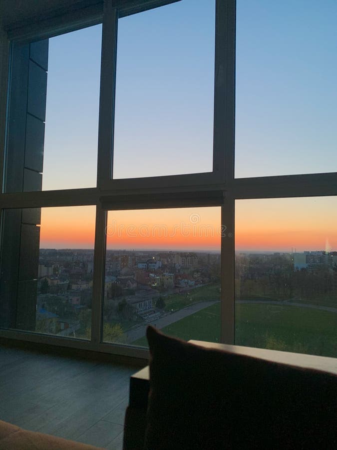 Panoramic Windows Overlooking Beautiful Golden Sunset. View from Home ...