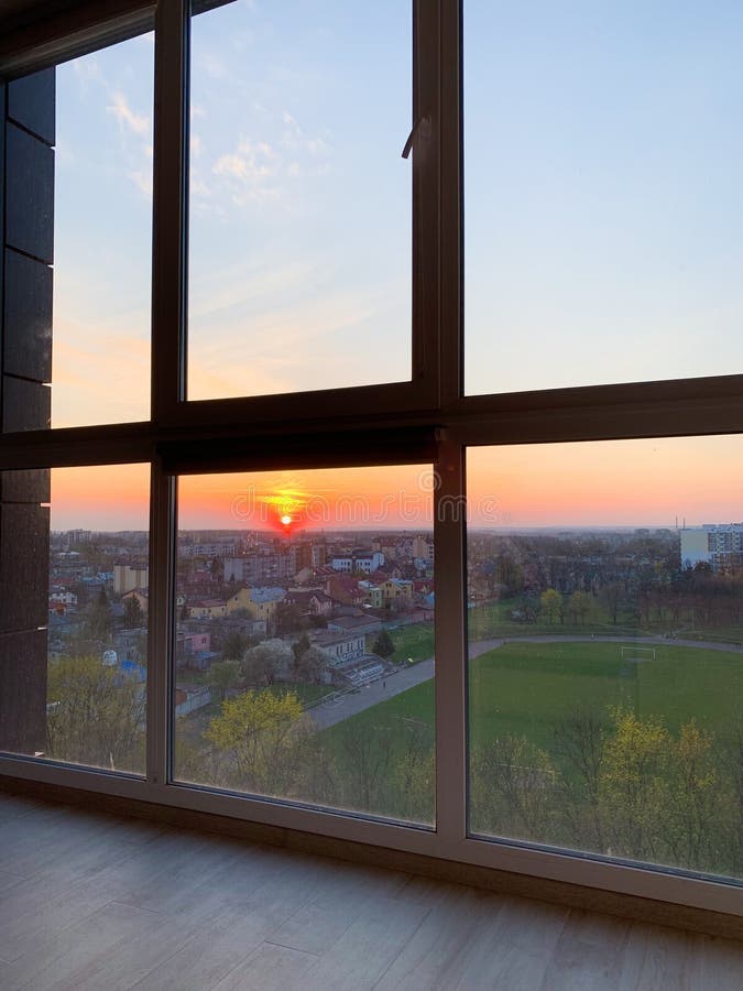 Panoramic Windows Overlooking Beautiful Golden Sunset. View from Home ...