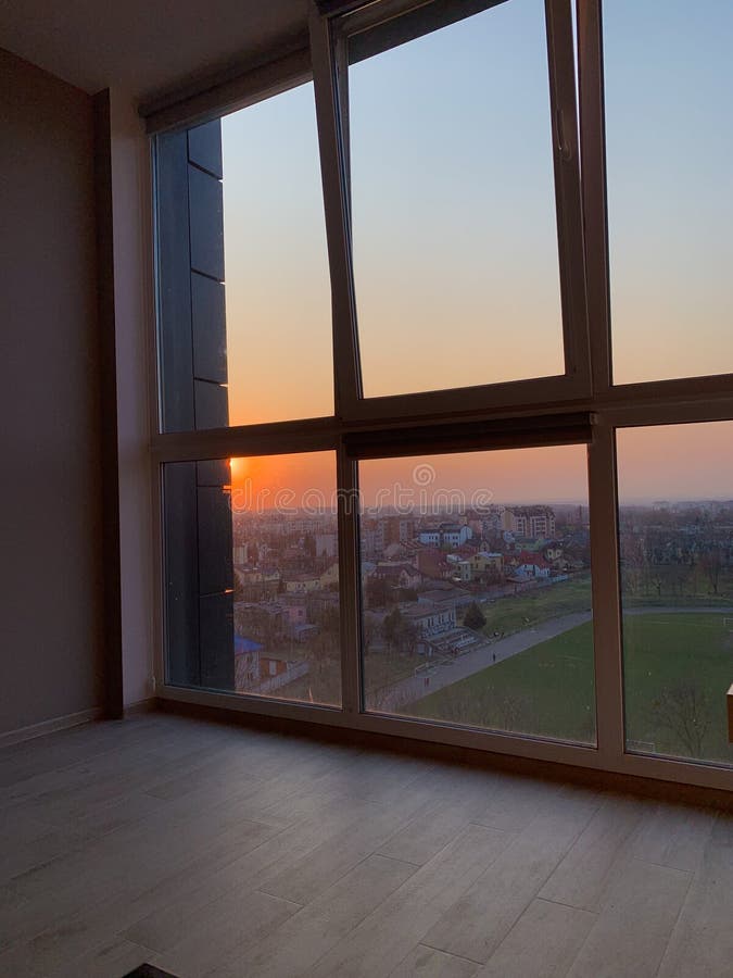 Panoramic Windows Overlooking Beautiful Golden Sunset. View from Home ...