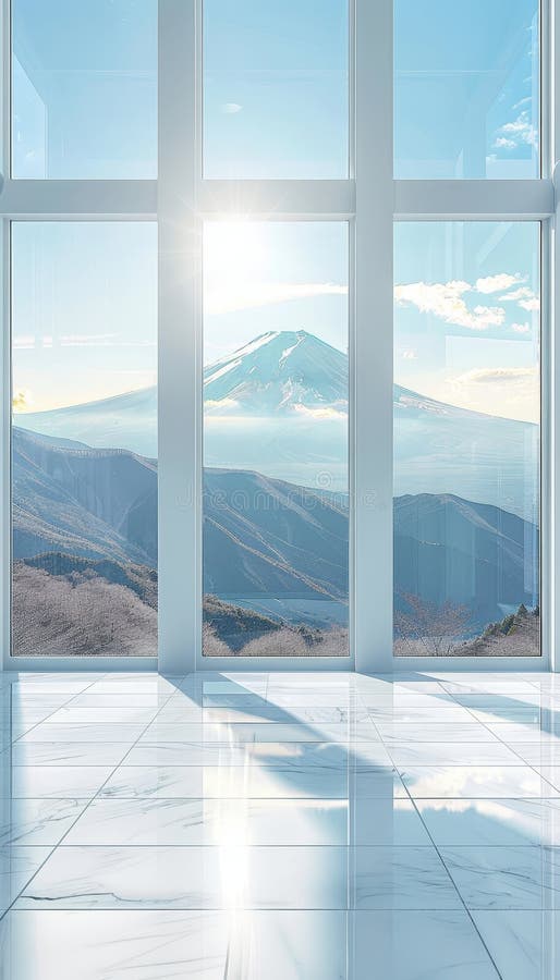 Panoramic Windows with Snow Capped Japanese Mountains in Modern White ...
