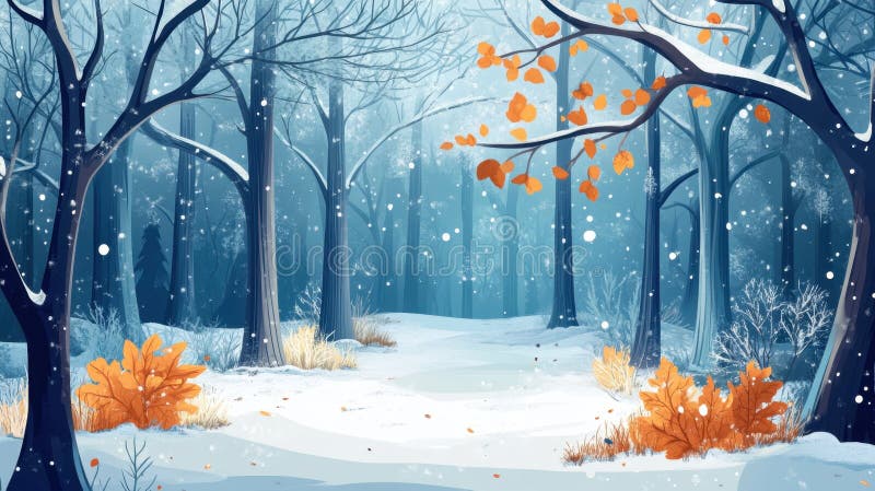 Panoramic Winter Forest Illustration with Magical Snowy Trees Stock ...