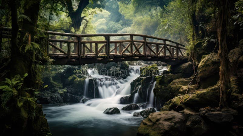 Panoramic Wooden Bridge Over Waterfall Created with Generative AI Stock ...