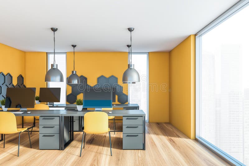 Panoramic Yellow and Gray Office Interior Stock Illustration ...