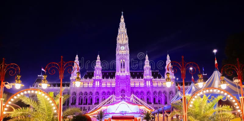 Vienna City Hall at night stock image. Image of lights - 167465065