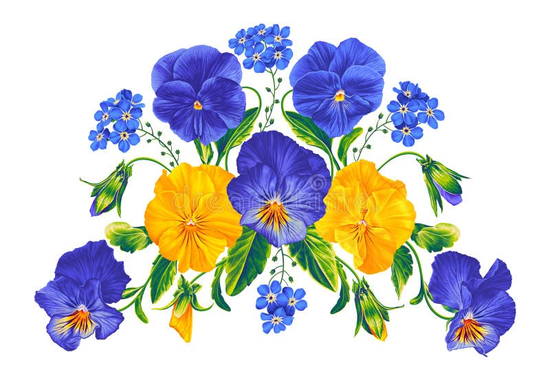 Floral Vector Composition. Realistic Yellow and Blue Pansies Isolated ...