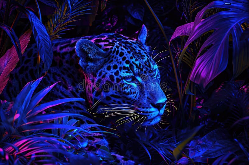 Panther in the Jungle. Neon Purple Blue Light Stock Image - Image of ...