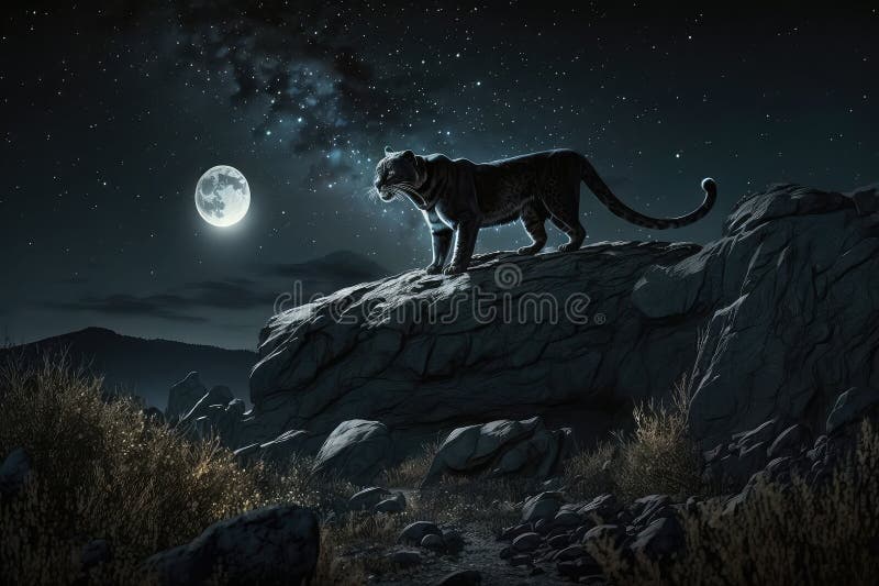 A Panther Navigating Rugged Terrain, with the Moon Shining Bright Stock ...