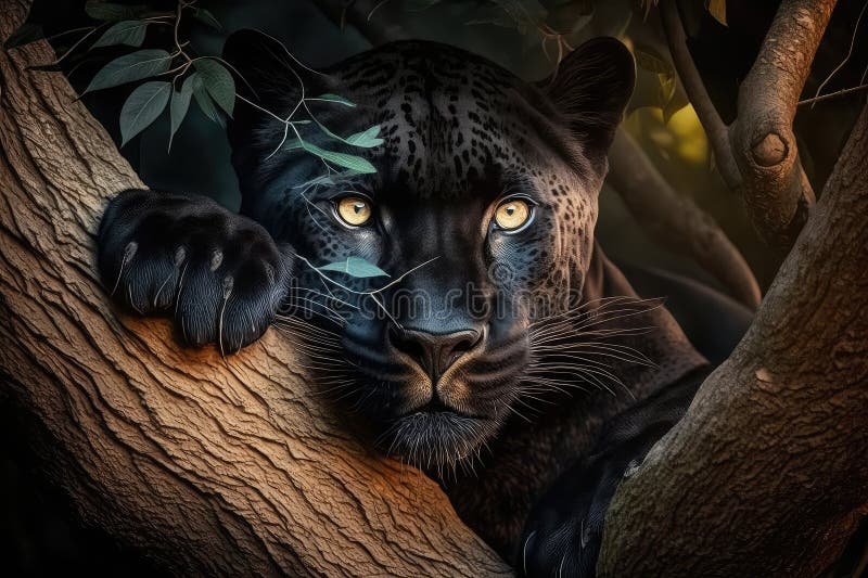 Panther Resting On Tree Branch Its Eyes Shining Stock Illustration Illustration Of Nature