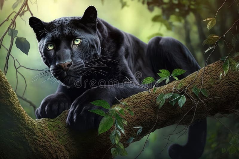 Panther Resting On Tree Branch Its Eyes Surveying The Forest Below