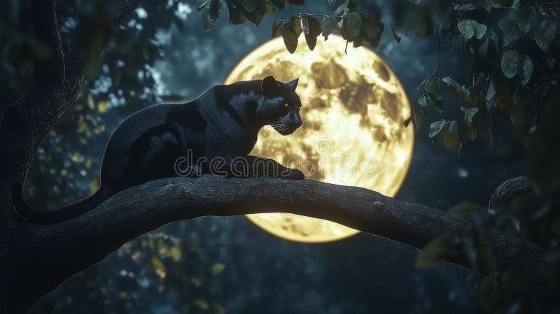 Panther Silhouette Under Glowing Full Moon in Forest Stock Photo ...