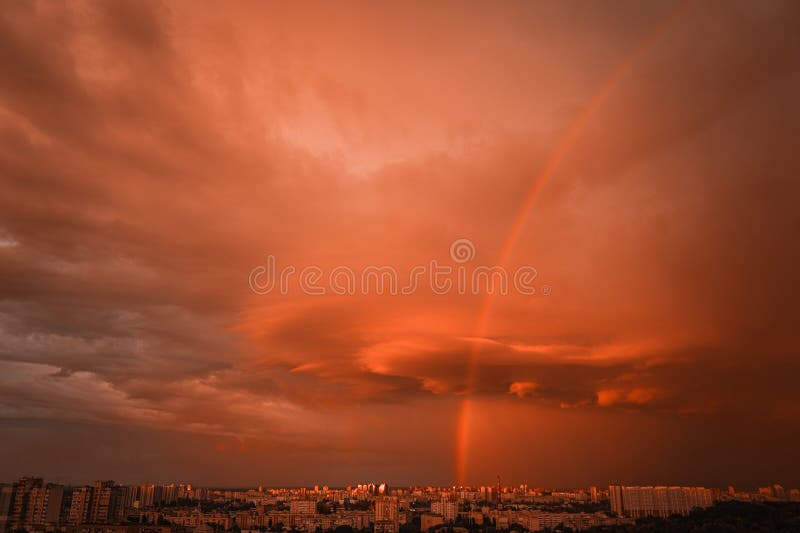 Pantone 2025. View of Rainbow Over Buildings. Orange Sky. Stock Photo - Image of environment ...