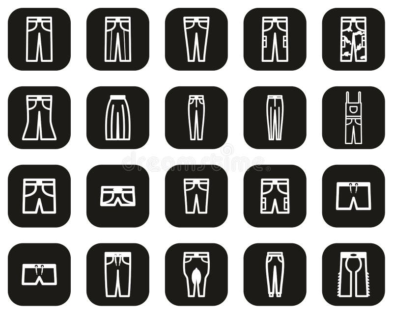 Pants Long & Short Icons White on Black Flat Design Set Big Stock ...